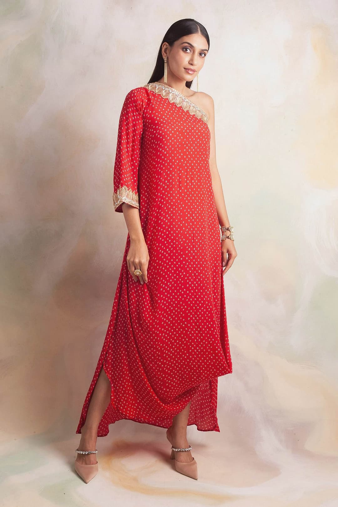 Buy Palak & Mehak Red Crepe One Shoulder Bandhani Dress Online | Aza ...