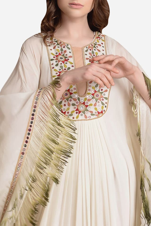 Buy Malini Ramani White Embroidered Kaftan Dress Online | Aza Fashions