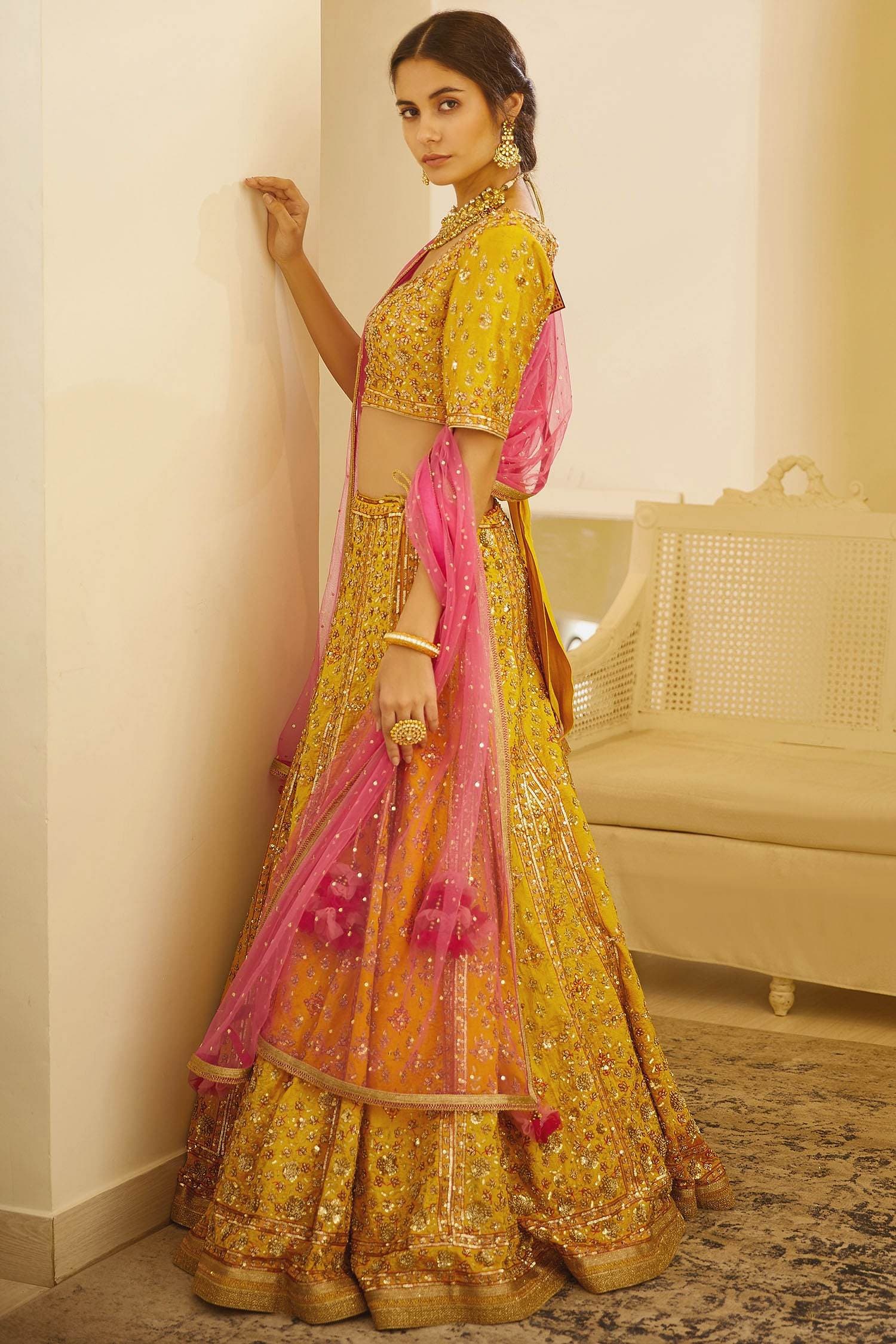 Buy Shyam Narayan Prasad Yellow Raw Silk Embellished Lehenga Set Online ...