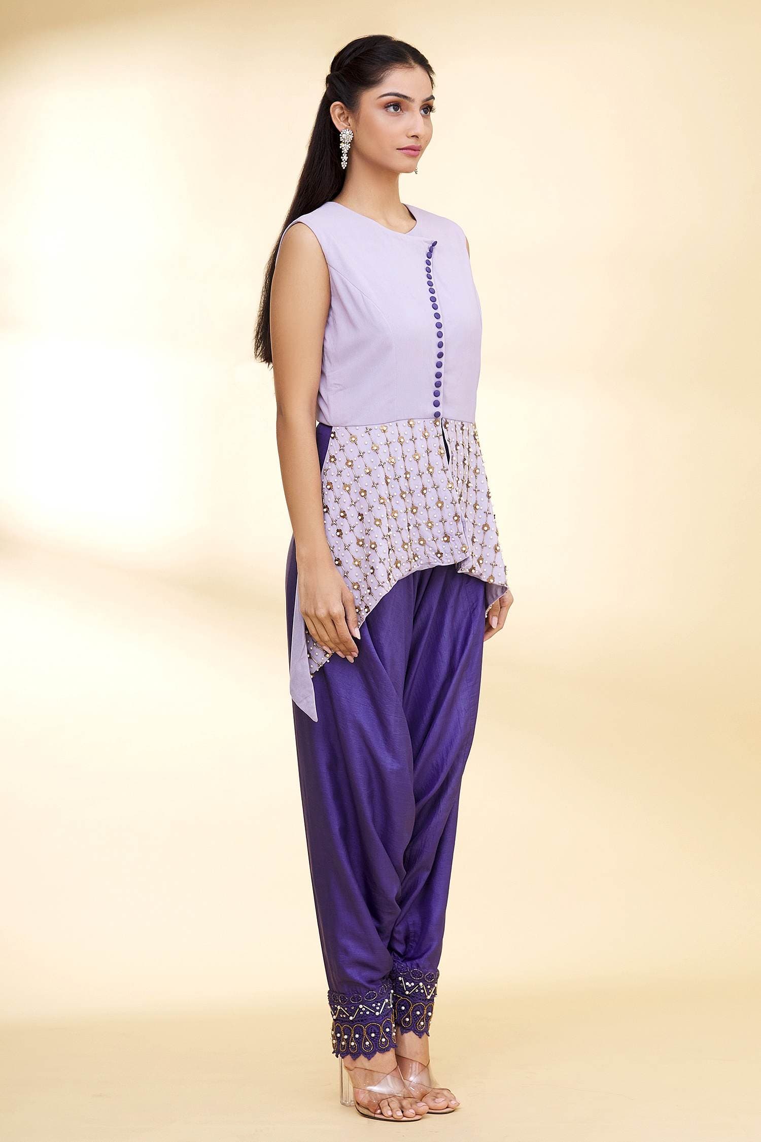 Buy Nidzign Couture Purple Crepe Asymmetric Top And Dhoti Pant Set ...