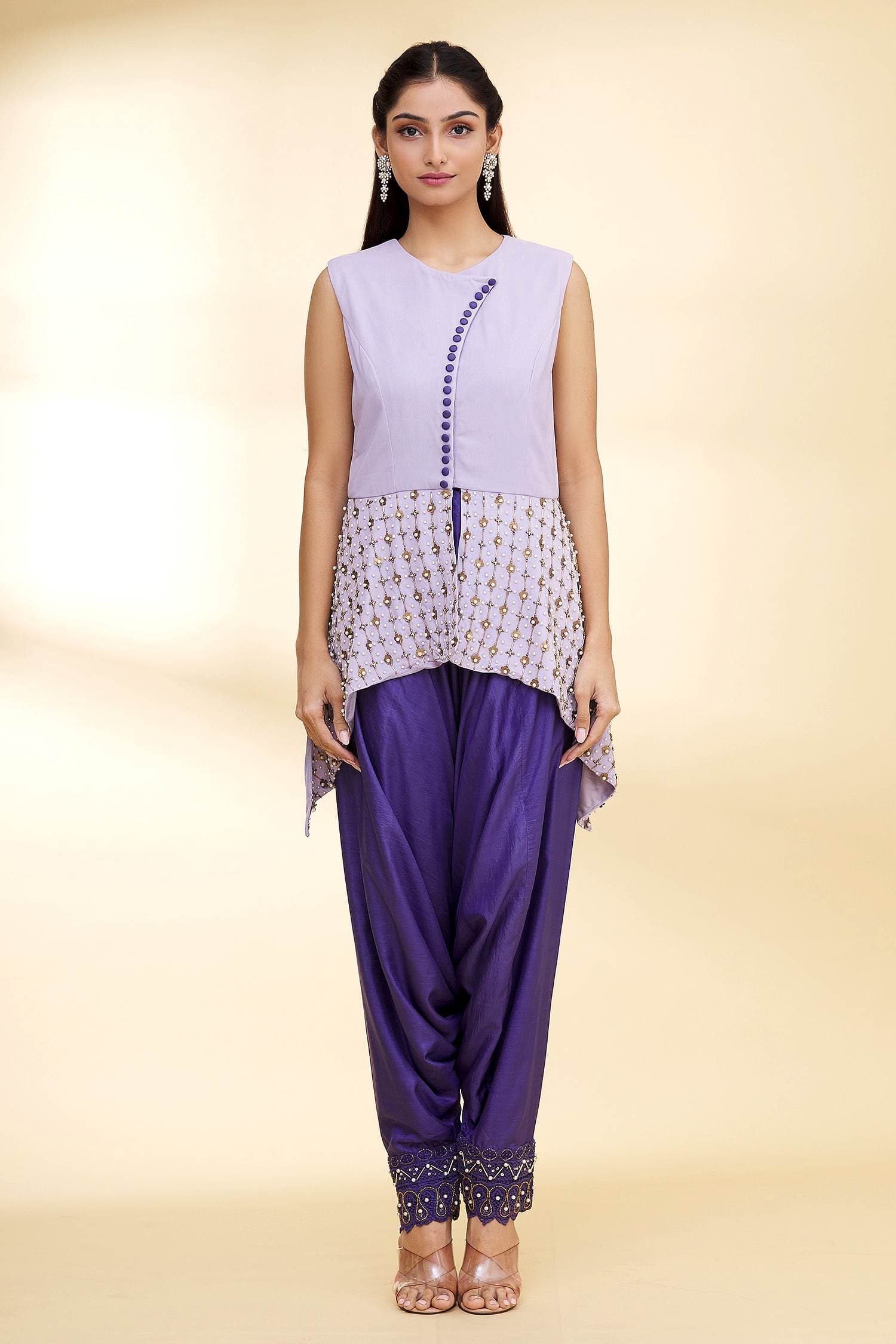 Buy Nidzign Couture Purple Crepe Asymmetric Top And Dhoti Pant Set ...