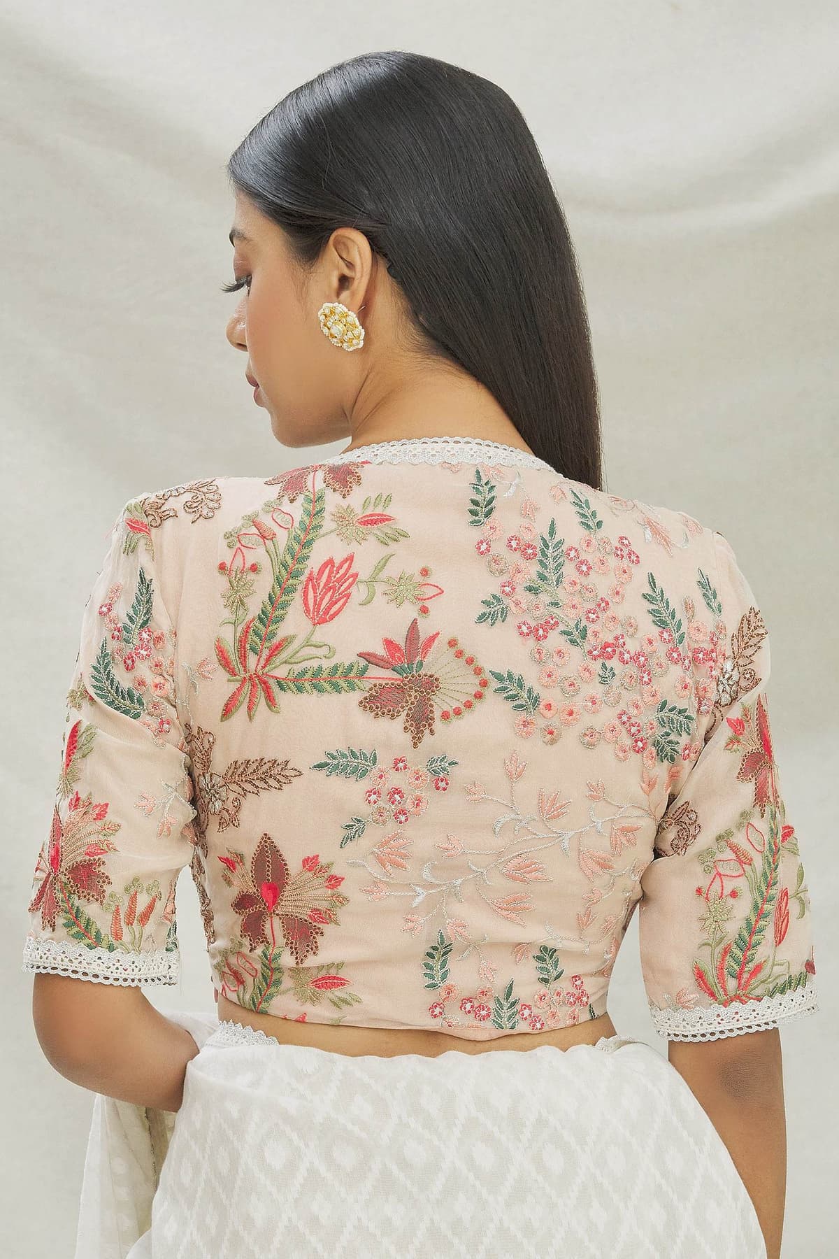 Buy Pranay Baidya Peach Organza Floral Embroidered Saree Blouse Online ...