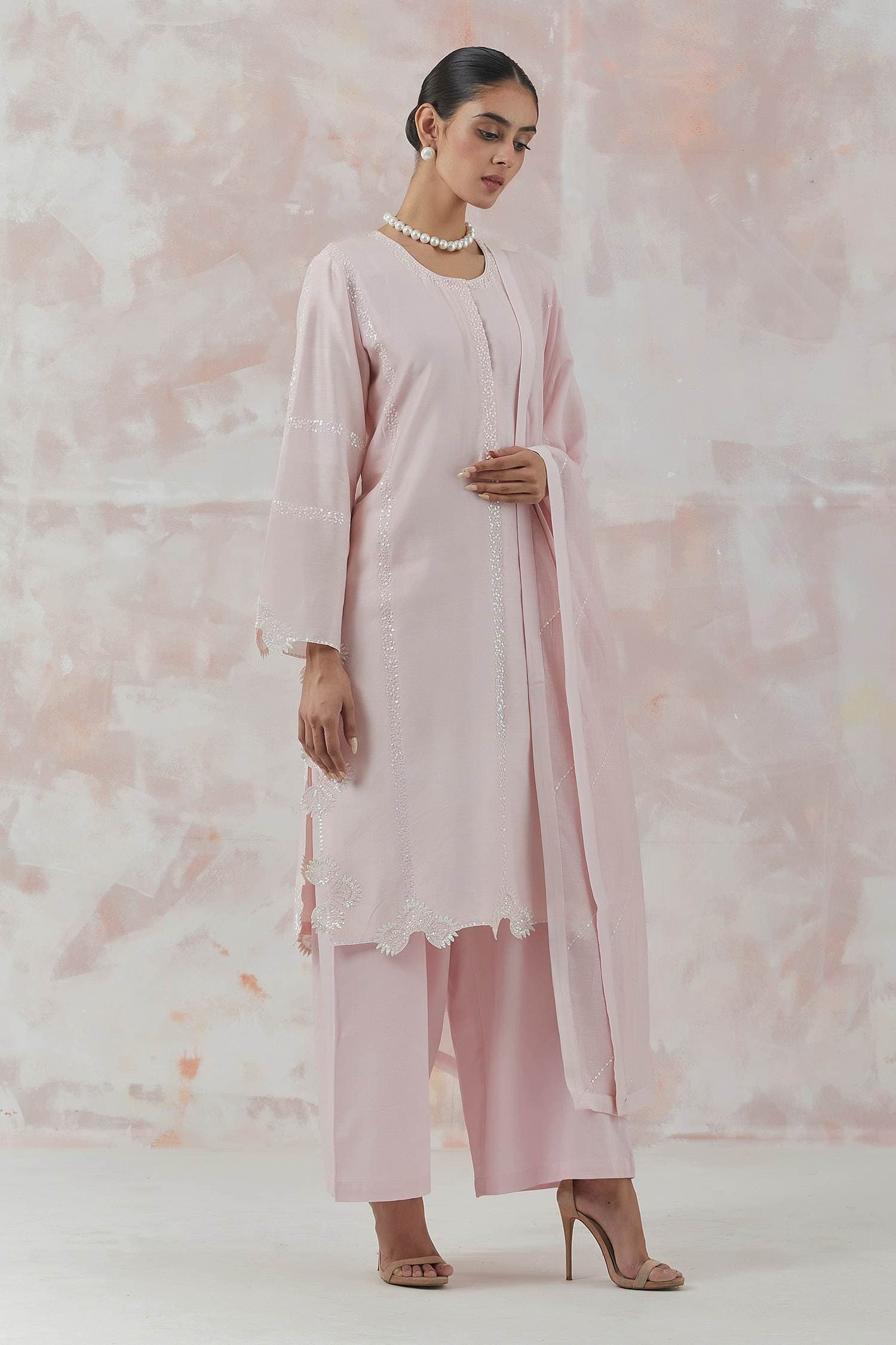 Buy Simrita Arora Pink Silk Chanderi Embroidered Kurta Palazzo Set ...