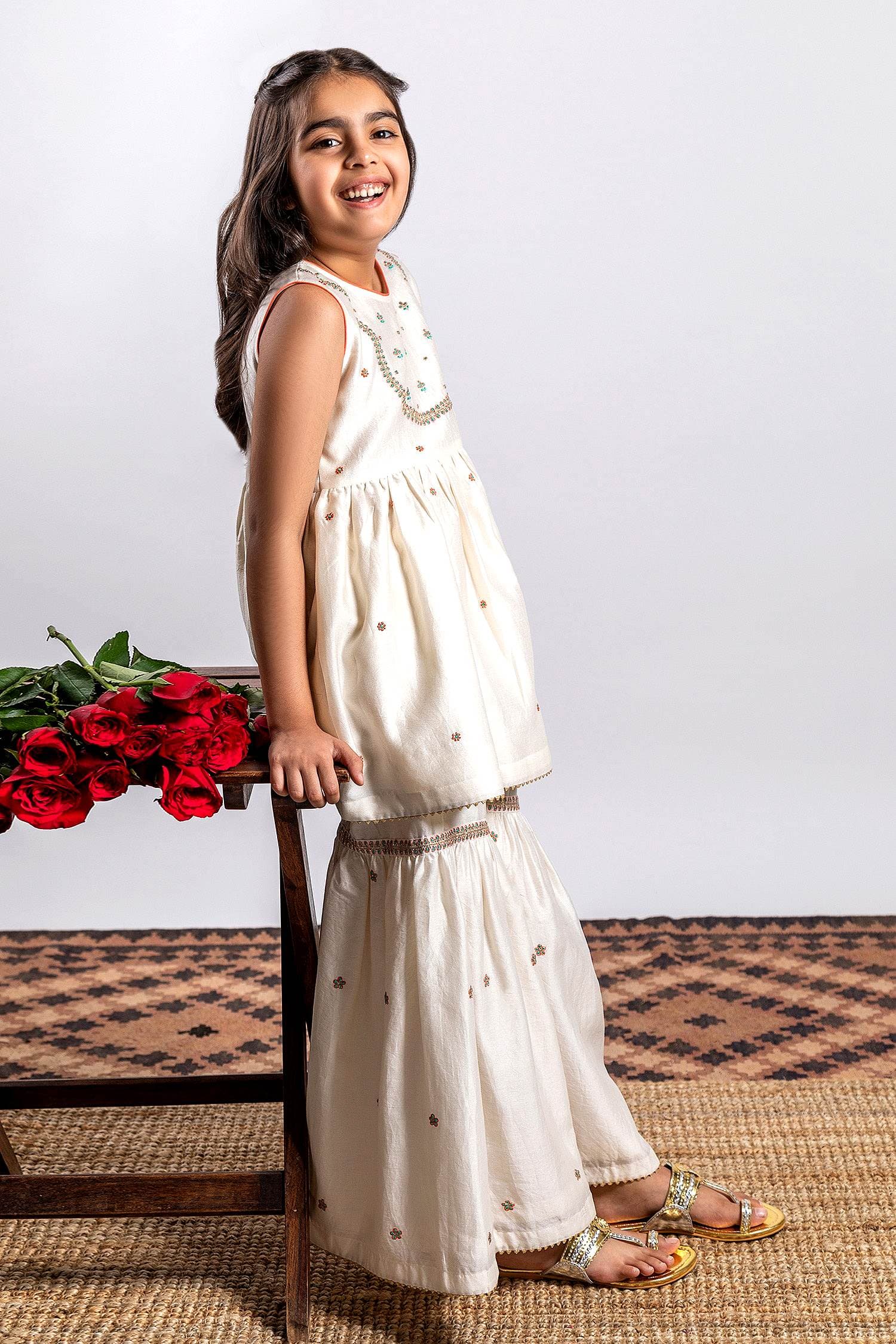 Buy Boteh Ivory Chanderi Silk Kurta Sharara Set For Girls Online | Aza ...