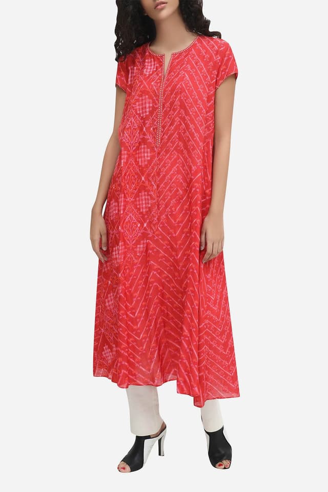 Buy Krishna Mehta Red Chanderi Block Printed Kurta Online | Aza Fashions
