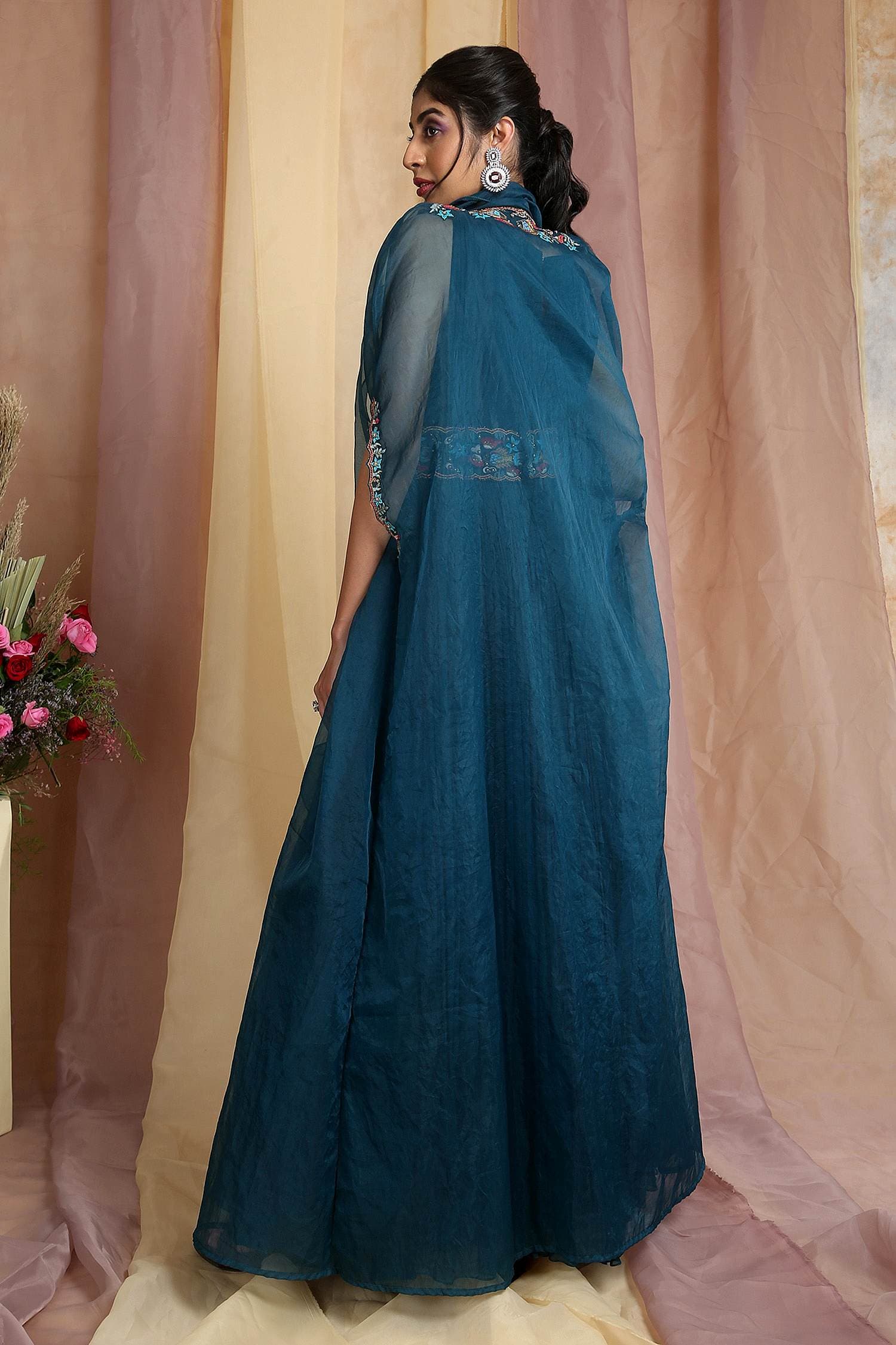 Buy Miku Kumar Blue Georgette Draped Gown With Embroidered Cape Online ...