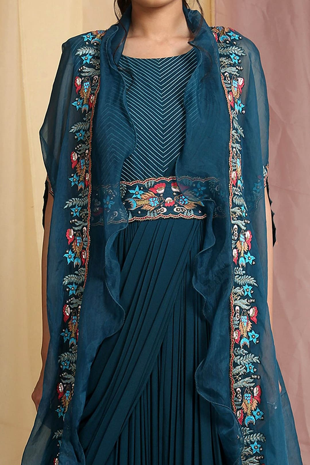 Buy Miku Kumar Blue Georgette Draped Gown With Embroidered Cape Online ...