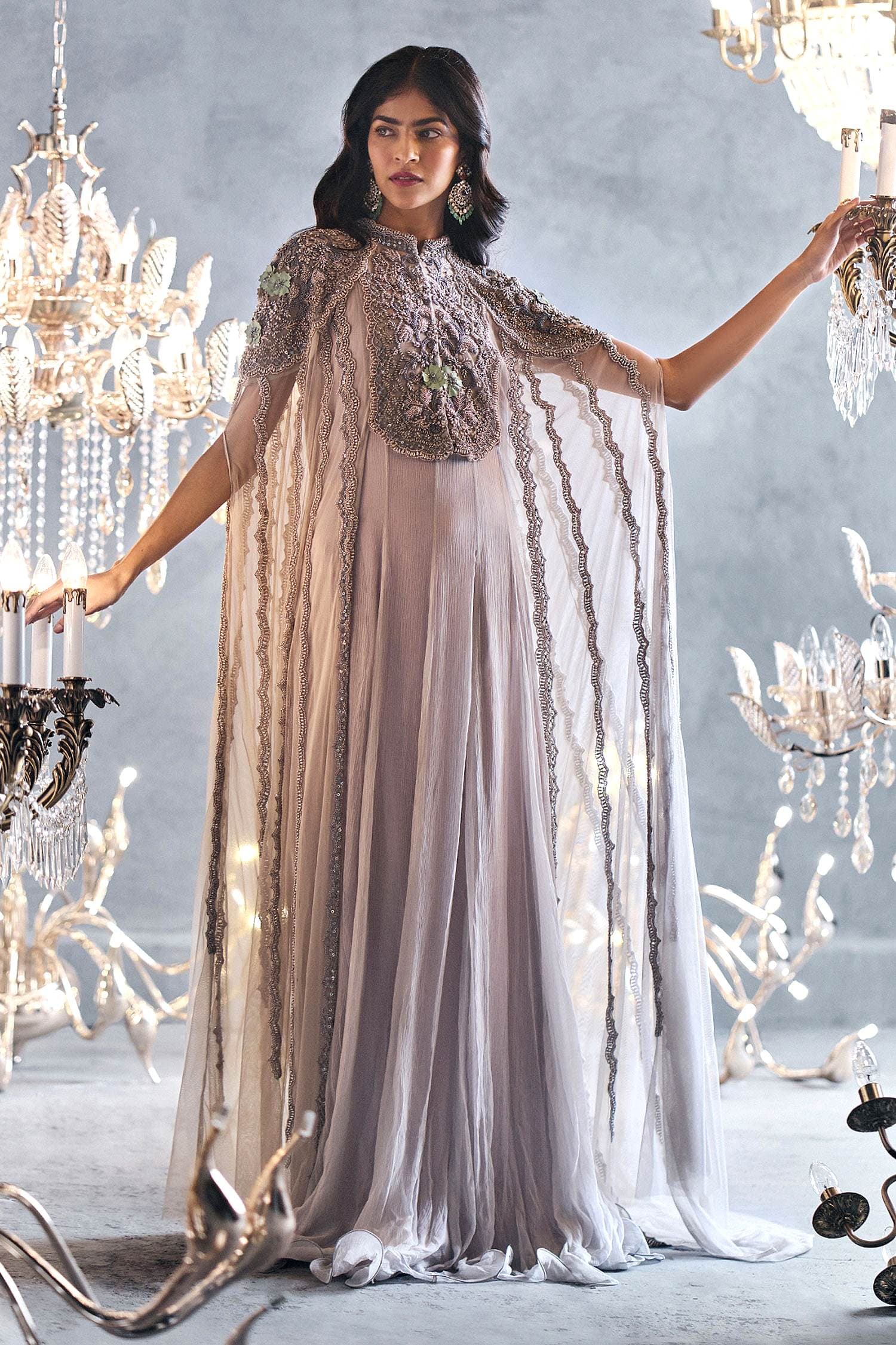 Buy Not So Serious By Pallavi Mohan Grey Chiffon Embroidered Cape Gown ...