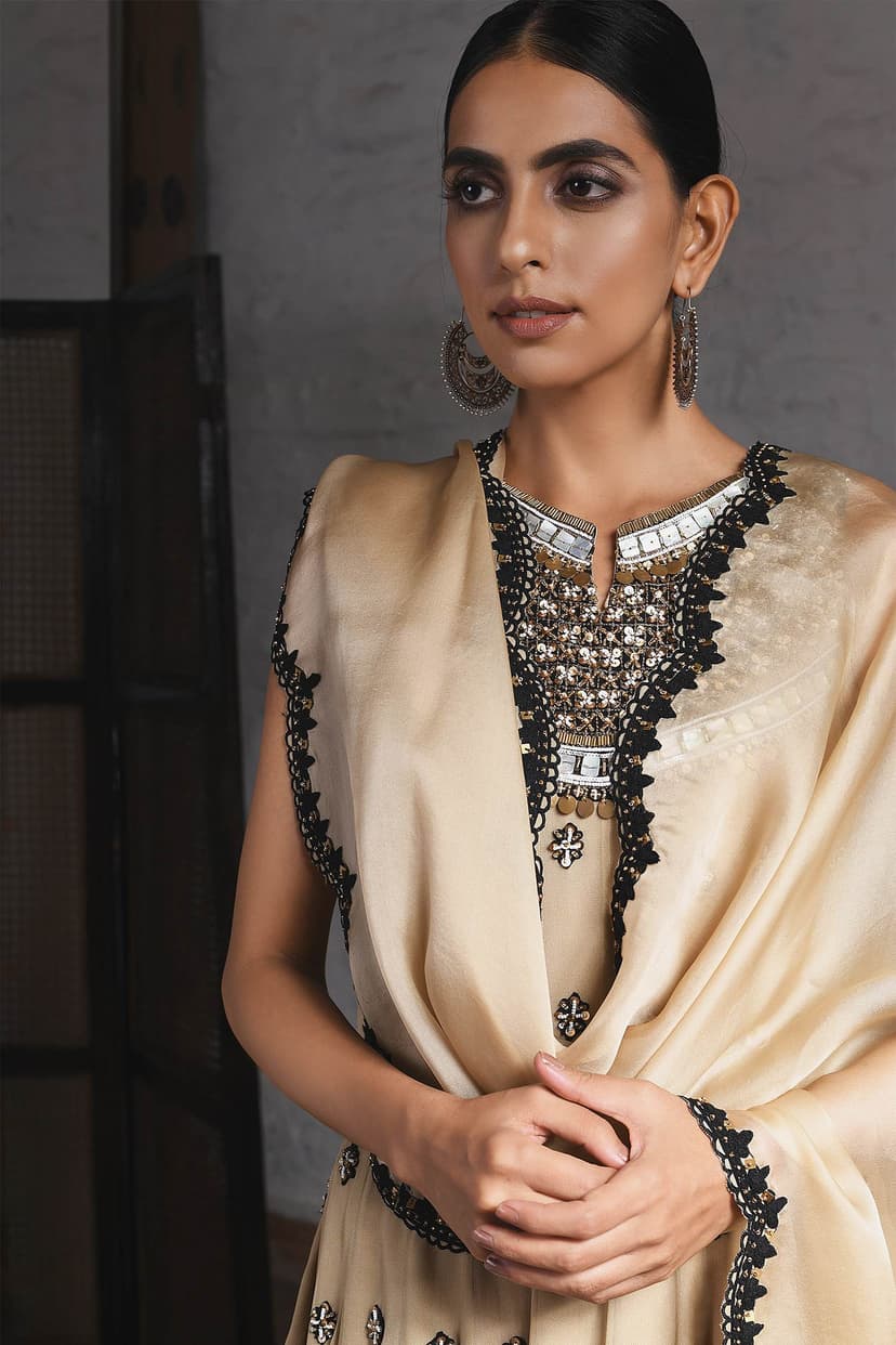 Buy Reeti Arneja Beige Silk Georgette Embellished Kurta Set Online ...